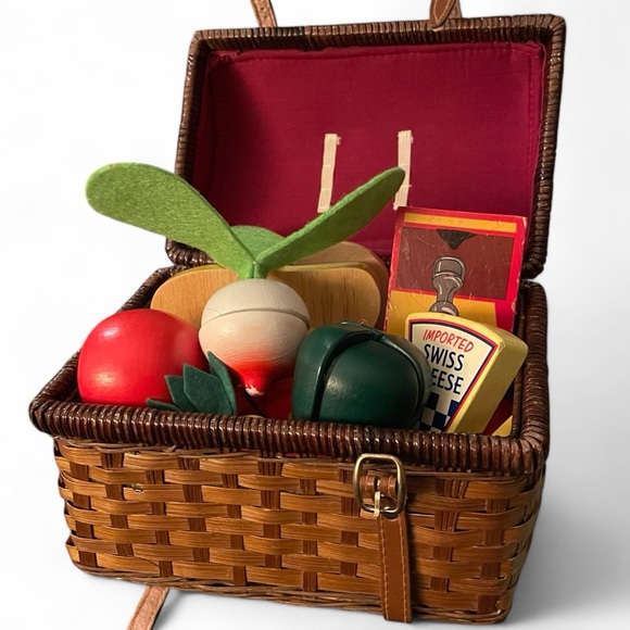 Toys | Small Wicker Picnic Basket Full Of Wooden Toy Food | Poshmark